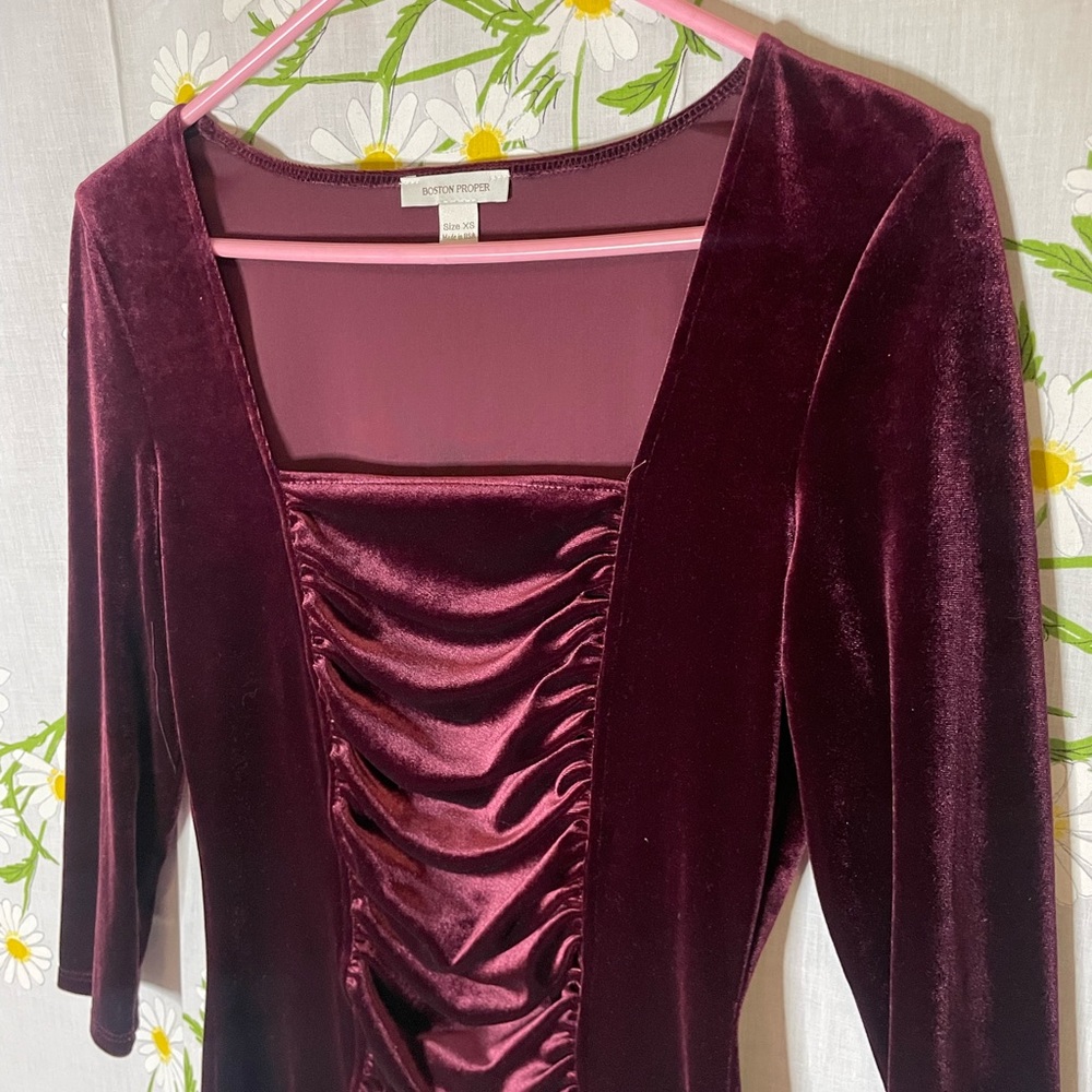Boston Proper Ruched Burgundy Velvet Square Neck 3/4 … - Gem